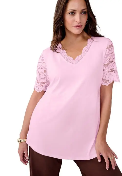 JESSICA LONDON Lace Trim V-neck Top - Pink
