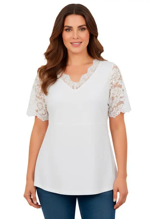 JESSICA LONDON Lace Trim V-neck Top - White