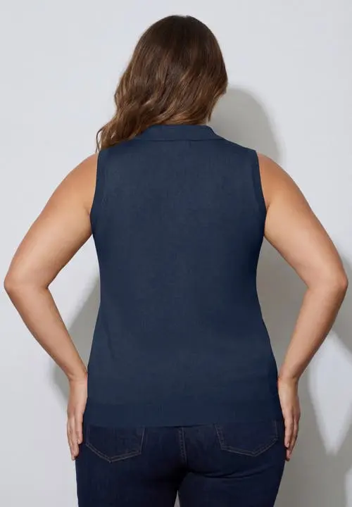 JESSICA LONDON Sleeveless Polo Sweater - Navy