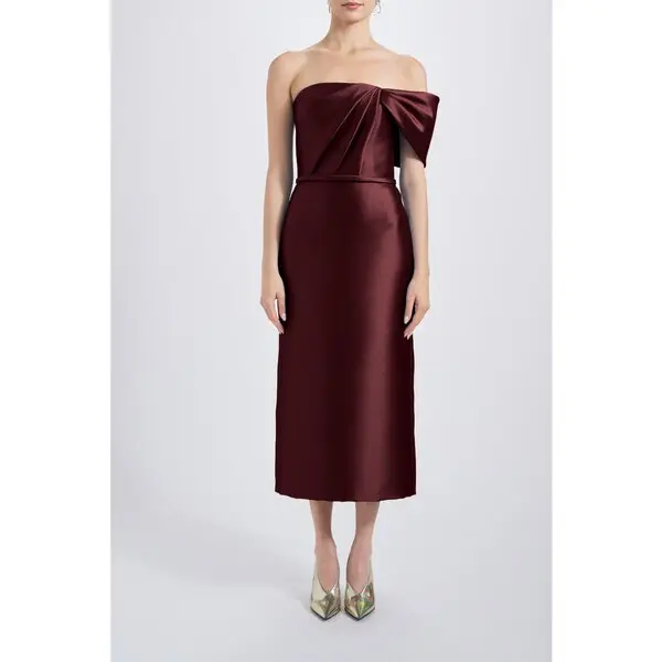 Amsale Strapless Bow Detail Asymmetric Column Midi Dress - Hunter