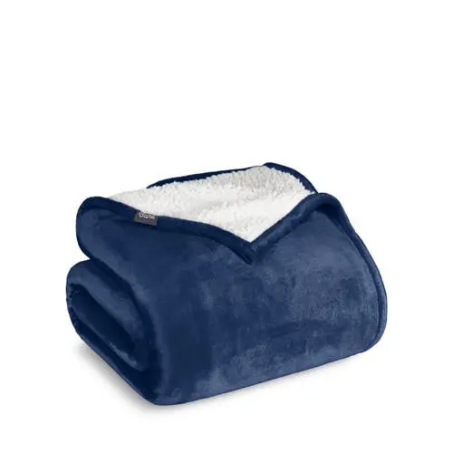 BARE HOME Reversible Plush Fleece Blanket - Dark Blue