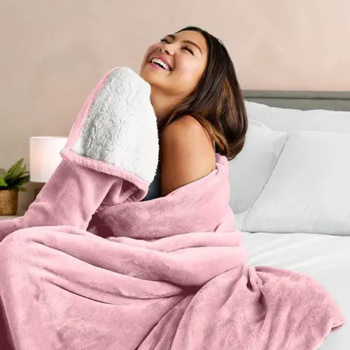 BARE HOME Reversible Plush Fleece Blanket - Light Pink