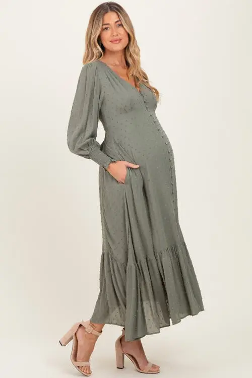 PINKBLUSH Swiss Dot Button-down Maxi Dress - Olive Green