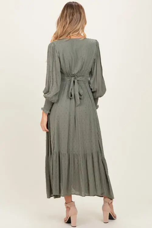 PINKBLUSH Swiss Dot Button-down Maxi Dress - Olive Green