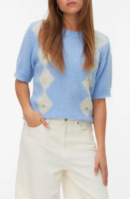Vero Moda Floral Argyle Short Sleeve Sweater - Brunnera Blue