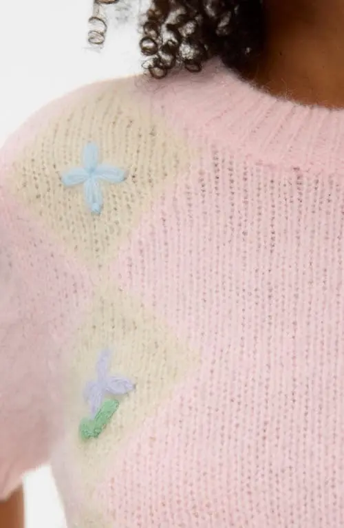 Vero Moda Floral Argyle Short Sleeve Sweater - Pink-a-boo