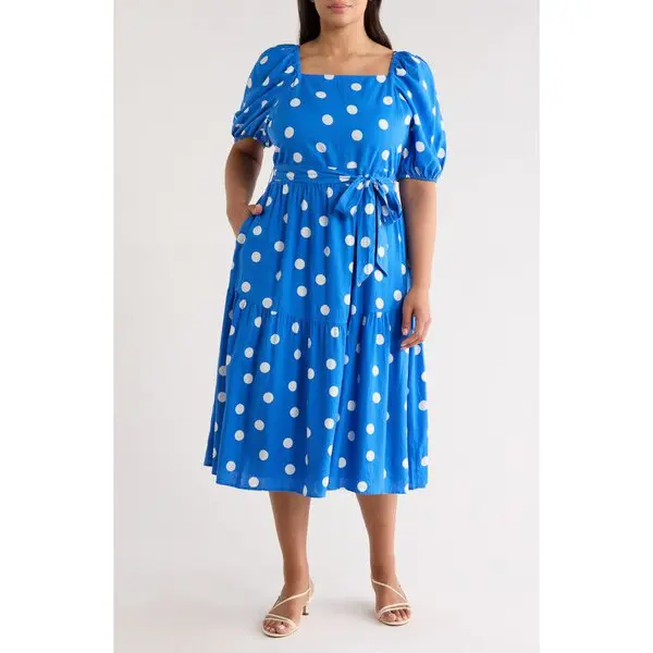 Caslon Puff Sleeve Linen Blend Midi Dress - Blue Palace- Ivory Tulla Dot