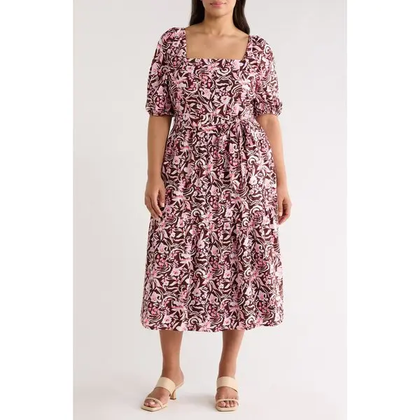 Caslon Puff Sleeve Linen Blend Midi Dress - Brown Chocolate Daisy Garden