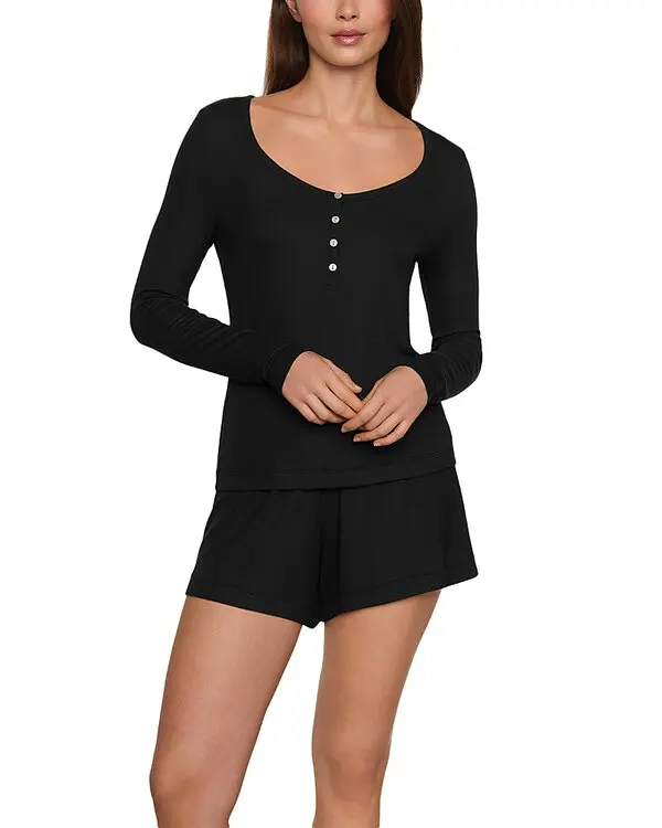 Eberjey Dream Ribbed Henley Top - Black
