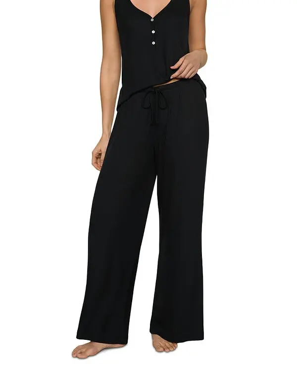 Eberjey Ribbed Wide Leg Pants With Drawstring Waist - Black