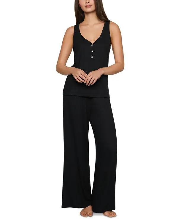 Eberjey Ribbed Wide Leg Pants With Drawstring Waist - Black