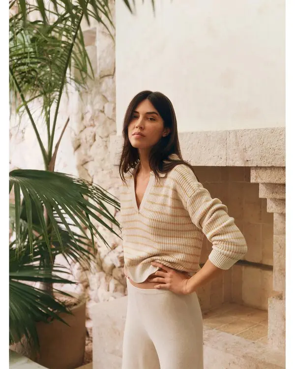 Eberjey Coastal Johnny Collar Sweater - Stripe Almond/sunbeam