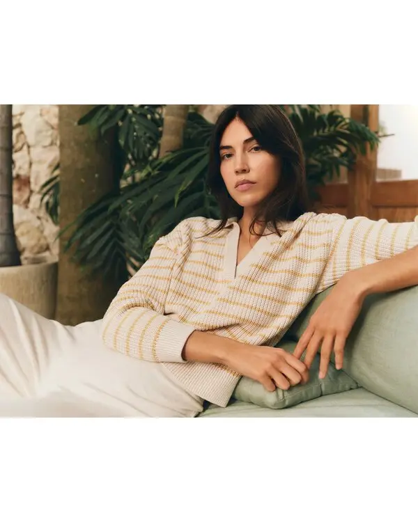 Eberjey Coastal Johnny Collar Sweater - Stripe Almond/sunbeam