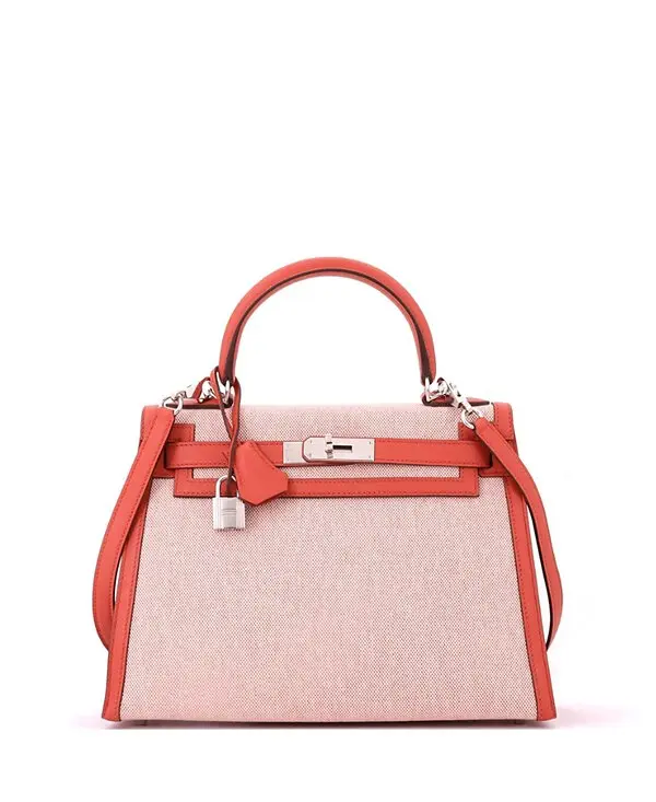 Hermès Kelly 28 Handbag Toile And Swift With Palladium Hardware - Brique