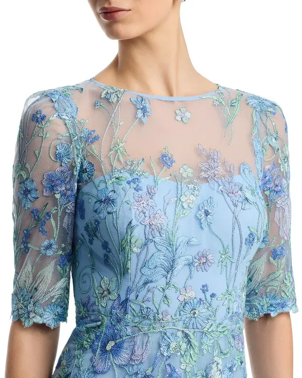 rickie freeman for teri jon floral-embroidered tulle dress Teri Jon Floral Embroidered Tulle Elbow Sleeve Gown - Sage Multi