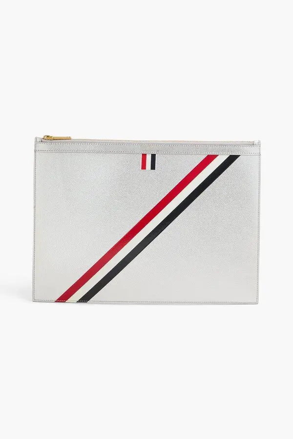 Thom Browne Striped Metallic Textured-leather Document Case - Silver