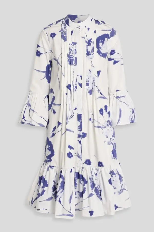 Erdem Pintucked Floralprint Cottonpoplin Dress - White