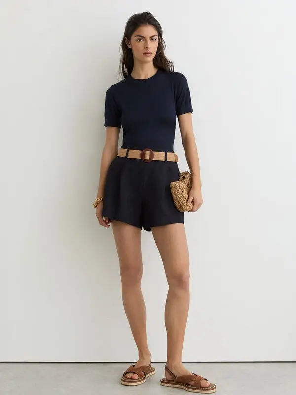 REISS Matilda Jacquard Belted Linen Shorts - Navy