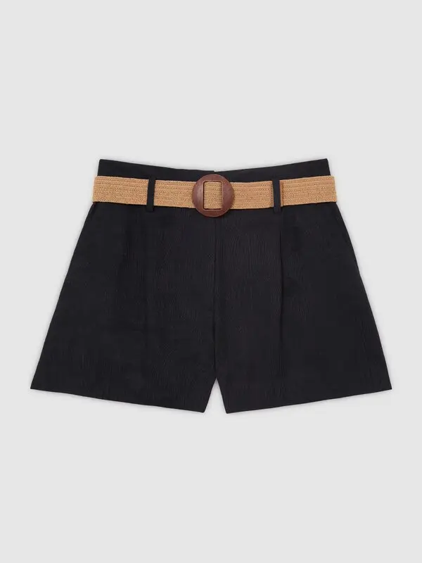 REISS Matilda Jacquard Belted Linen Shorts - Navy