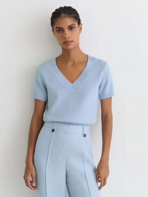 REISS Valerie Cotton-wool Knit V-neck Top - Soft Blue