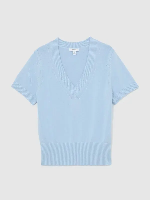 REISS Valerie Cotton-wool Knit V-neck Top - Soft Blue
