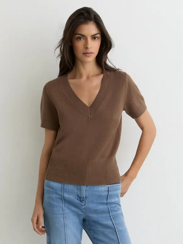 REISS Valerie Cotton-wool Knit V-neck Top - Taupe Neutral