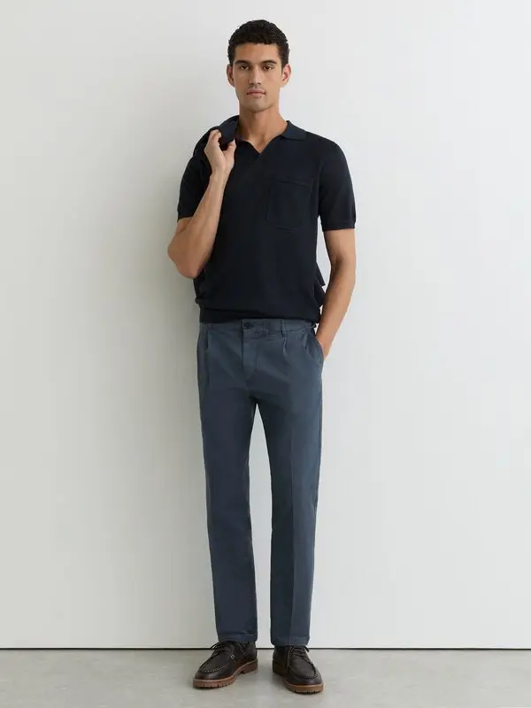 REISS Cotton-linen Side-adjuster Tapered Trousers - Airforce Blue