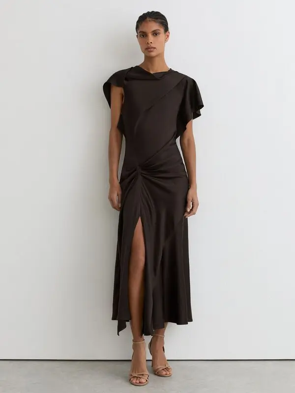 REISS Sasha Satin Drape-detail Midi Dress - Chocolate Brown