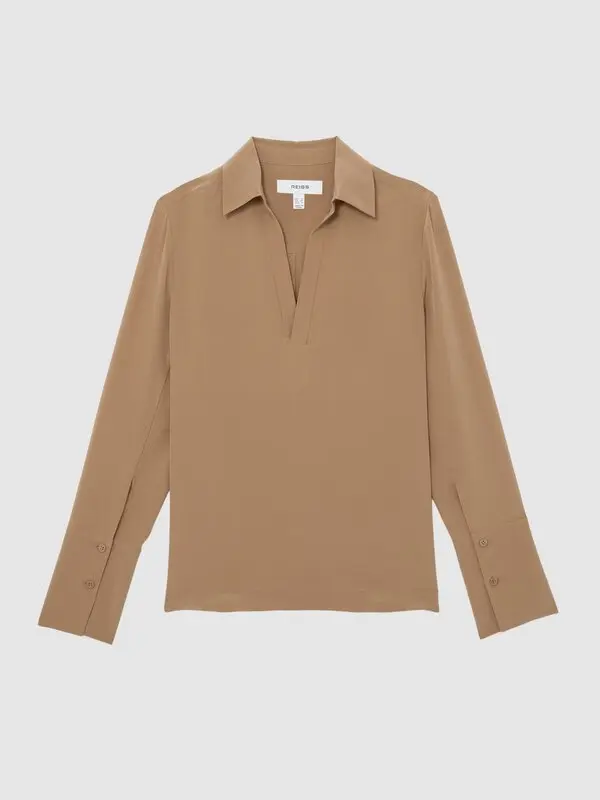REISS Maria Matte-silk Open-collar Blouse - Camel