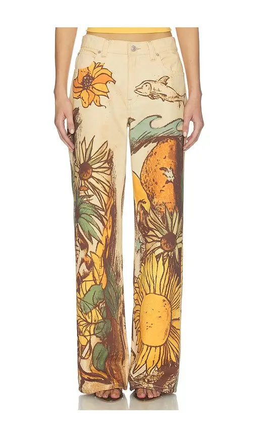 Free People X We The Free Printed Straight Leg Pant In Yellow - Beach Scene