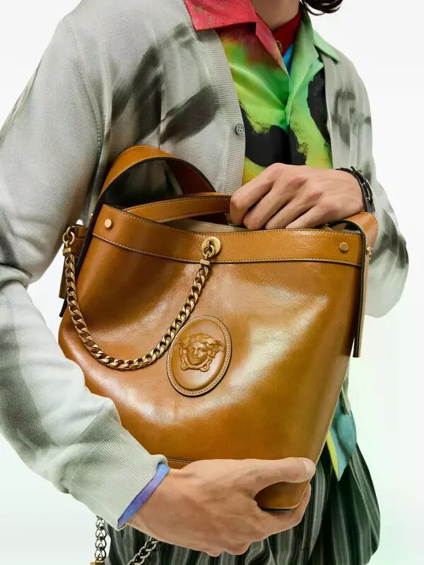 Versace Medusa Cameo Leather Bucket Bag - Brown