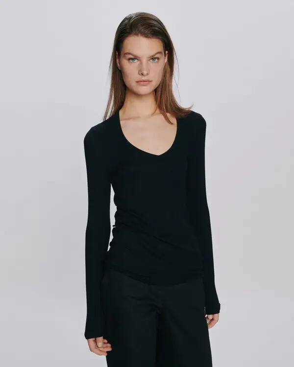 ATM Anthony Thomas Melillo Modal Ribbed V-neck Long Sleeve T-shirt - Black