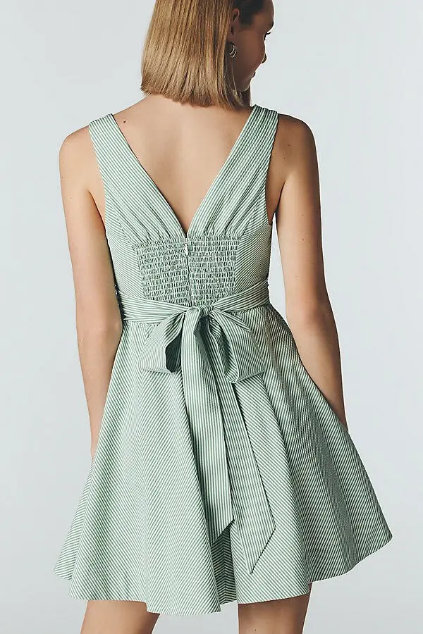 Maeve Sleeveless V-neck Seersucker Mini Dress - Green Pattern