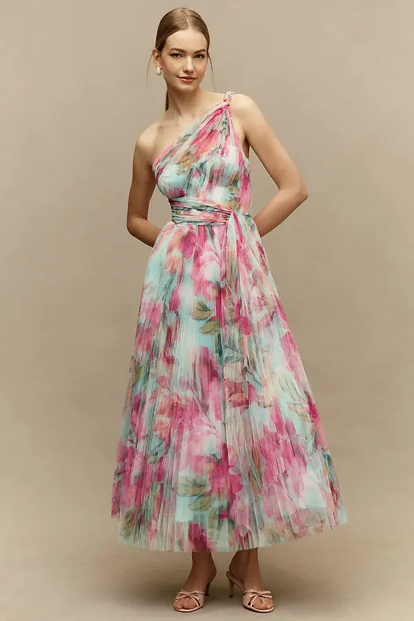 HUTCH Tulle One-shoulder Midi Dress