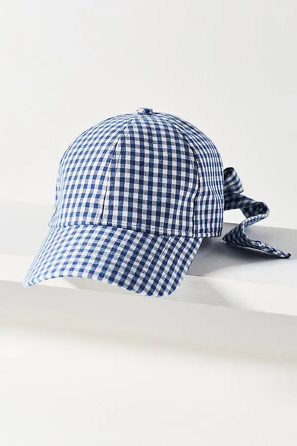Anthropologie Bow Back Baseball Cap - Blue Gingham