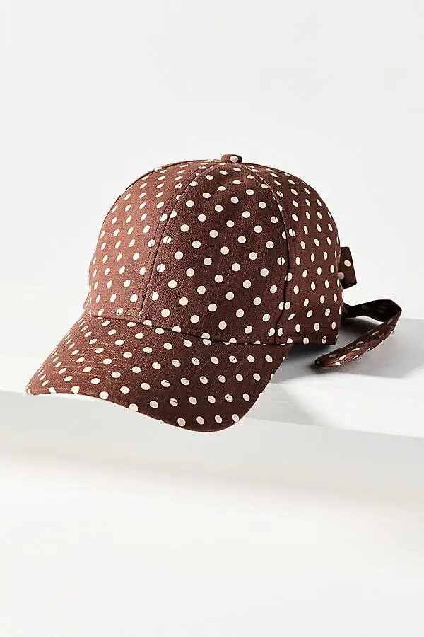 Anthropologie Bow Back Baseball Cap - Brown Polka Dot