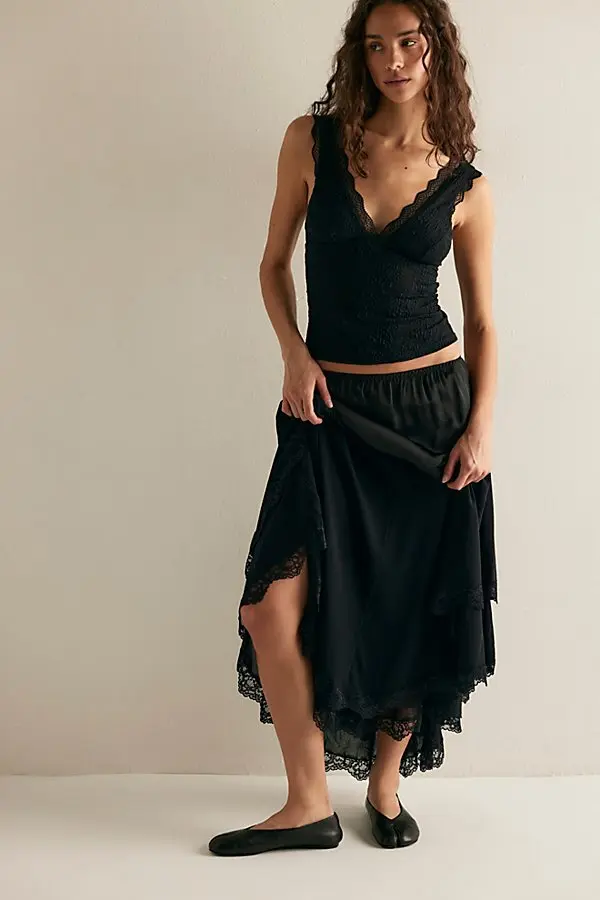Free People Intimately Romantic Midi Slip Skirt - Black