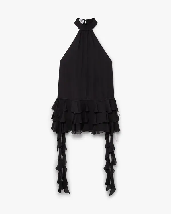 Casablanca Silk Georgette Double Ruffle Mini Dress - Black