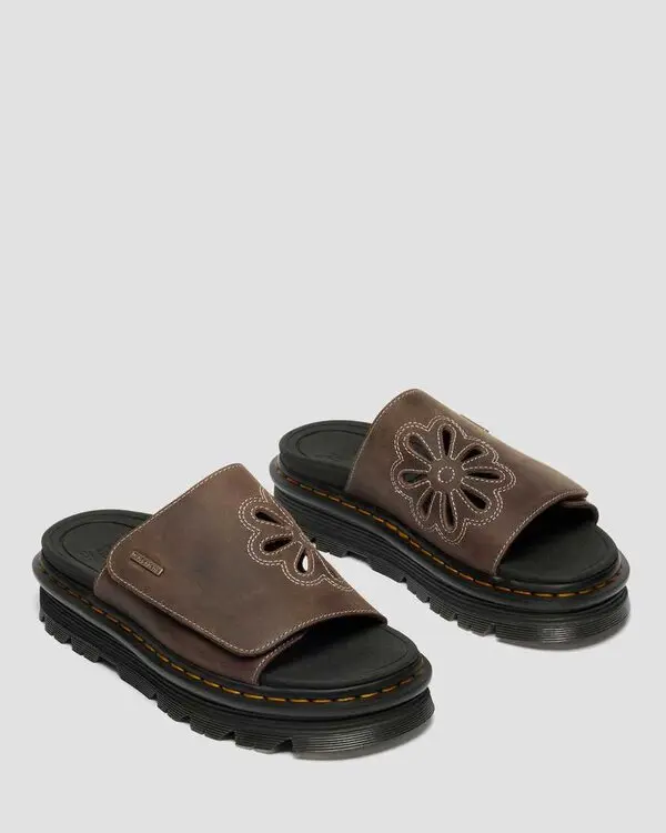 Dr. Martens Zebzag Crazy Horse Leather Slides - Brown
