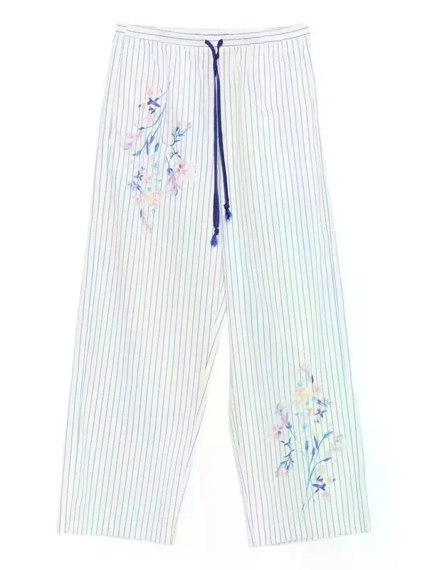 FORTE_FORTE Striped Floral Print Trousers - White