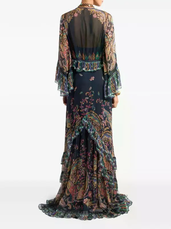 Etro Long Silk Dress With Placed Floral Paisley Print