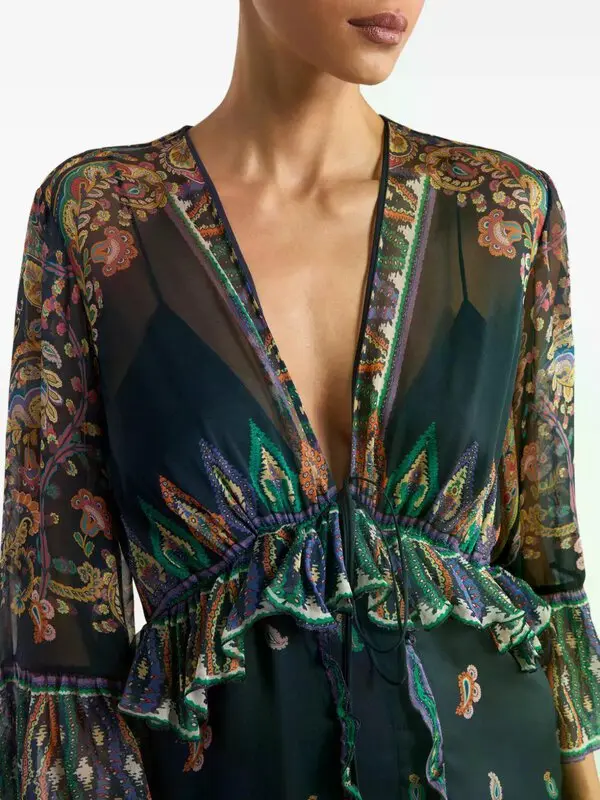 Etro Long Silk Dress With Placed Floral Paisley Print