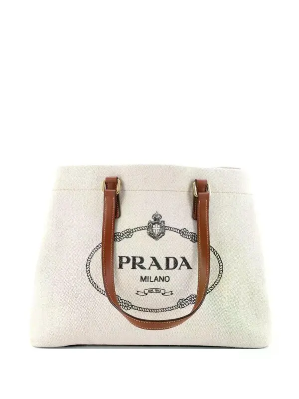 Prada Logo Open Canvas With Leather Large Tote Bag - Brown