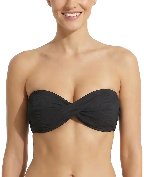 CHANGE OF SCENERY Loryn Twist Bandeau Textured Bikini Top - Black Texture