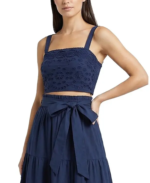 CHANGE OF SCENERY Ilyssa Eyelet Embroidered Smocked Crop Top - Navy Calypso Eyelet