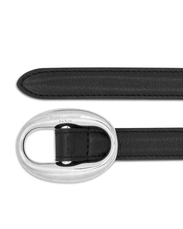 Saint Laurent Oval Buckle Thin Belt In Smooth Leather - Black/silver