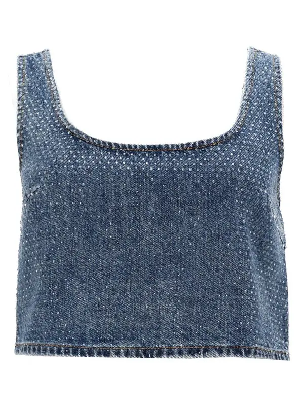 SELF-PORTRAIT Denim Crop Top With Rhinestones - Blue