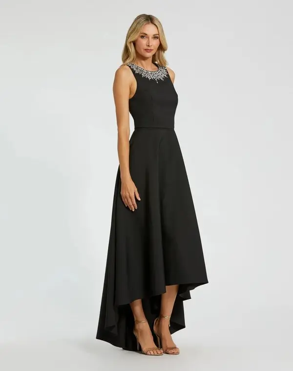 Mac Duggal Petite Crepe Embellished Neck High-low Gown - Black