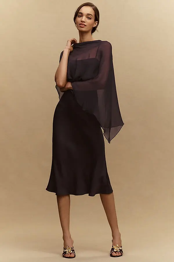 Bhldn Satin Chiffon Cape Dress - Chocolate