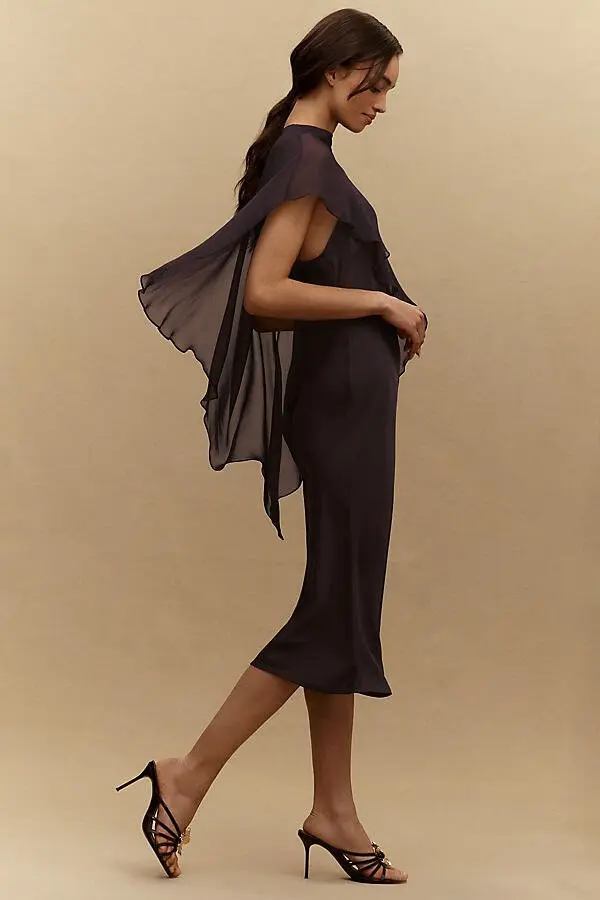 Bhldn Satin Chiffon Cape Dress - Chocolate